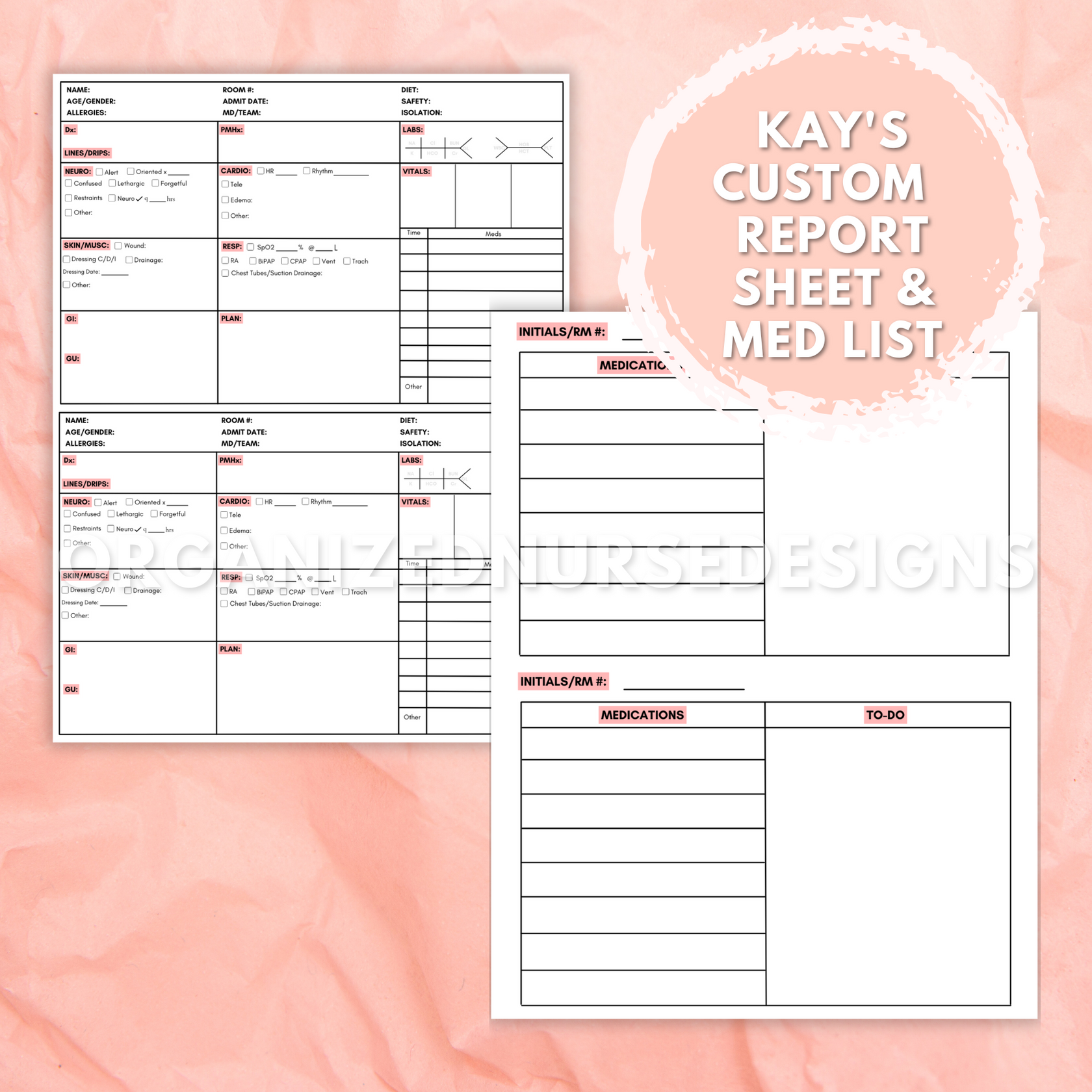 Custom Nursing Study Template, Nurse Report Sheet, Concept Map, Med ...