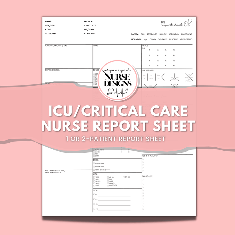 ICU Nurse Report Sheet, Nurse Brain Sheet, Critical Care Report Sheet ...
