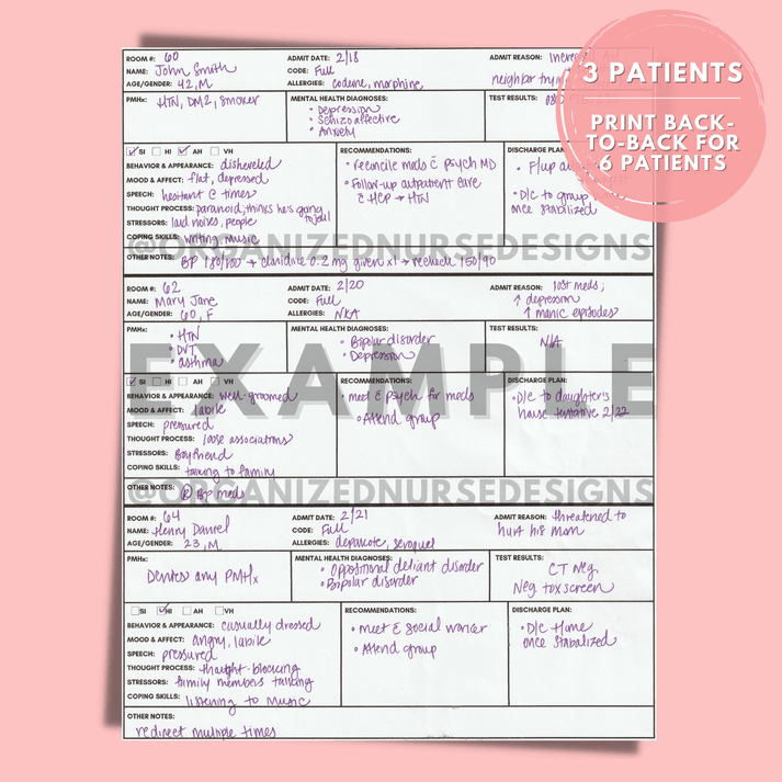 Psych Nurse Report Sheet for 3 or 6 Patients, Nurse Brain Sheet ...