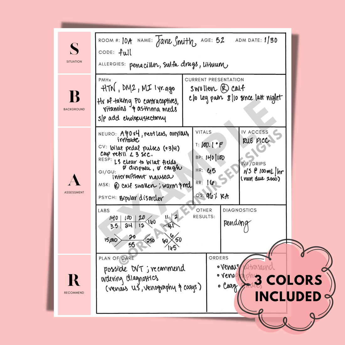 SBAR Nurse Report Sheet for 1 or 2 Patients, Nurse Brain Sheet ...